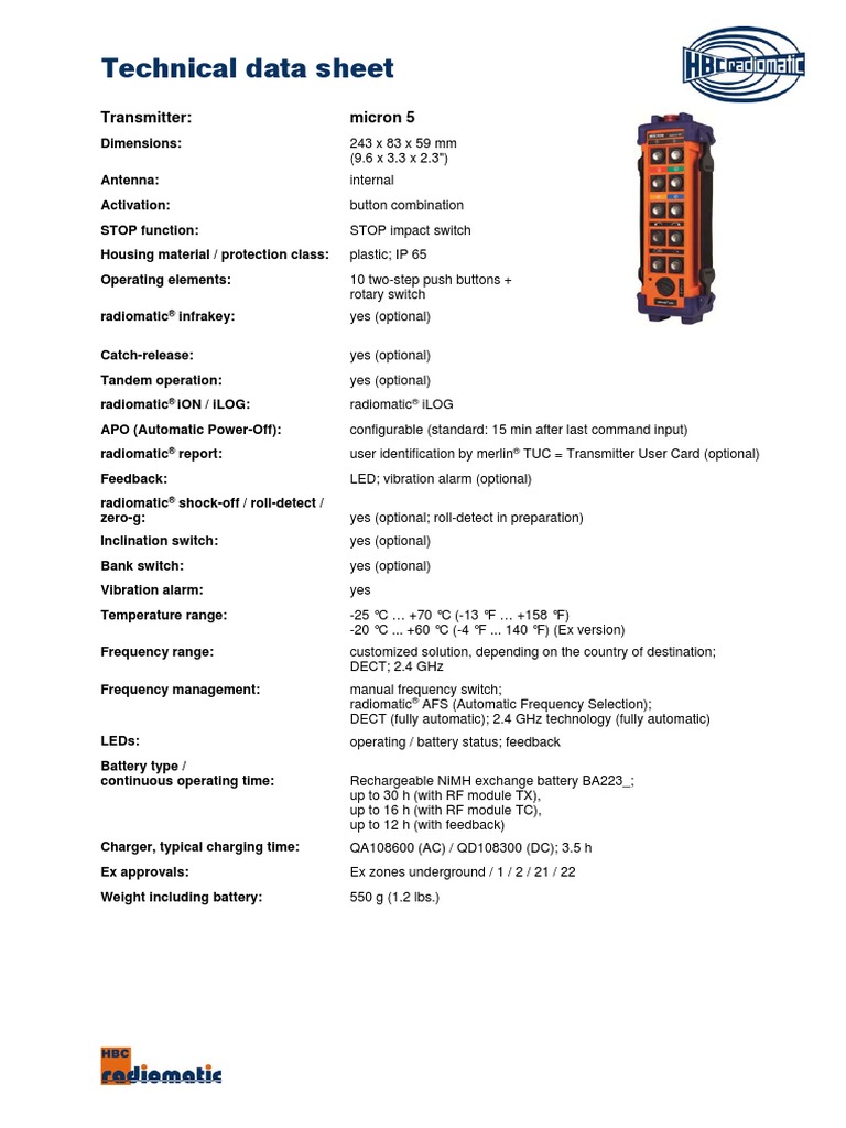 Technical Data Sheet: Transmitter: Micron 5 | PDF