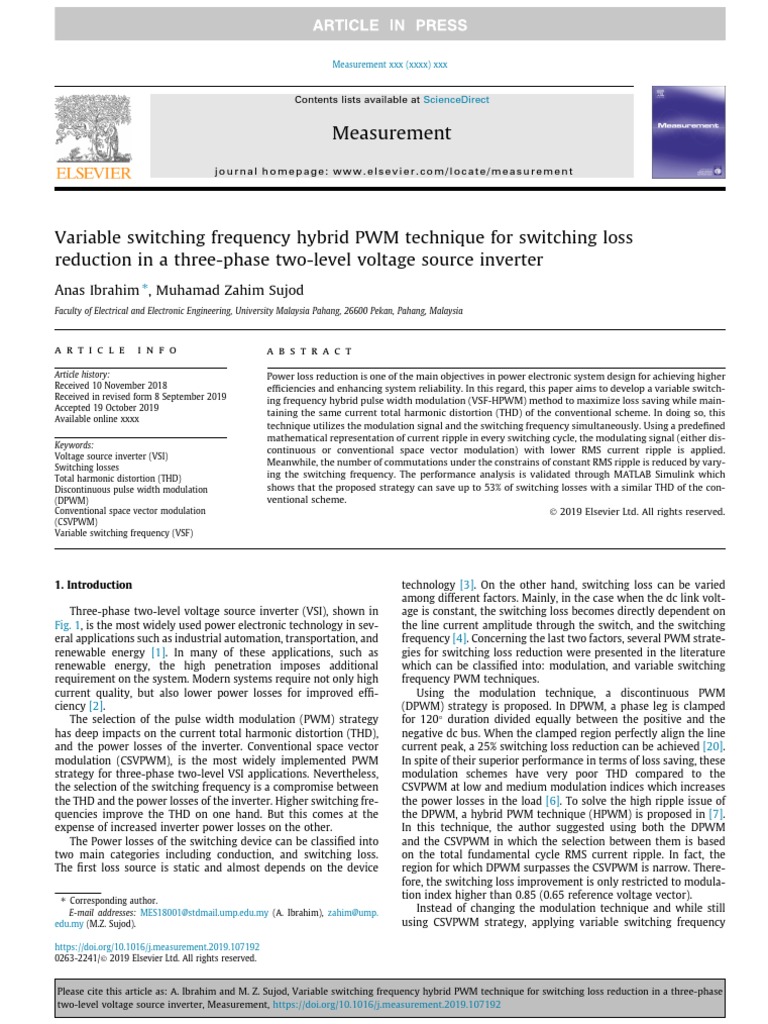 Variable Switching Frequency Hybrid PWM Technique For Switching Lossreduction in A Three-Phase ...