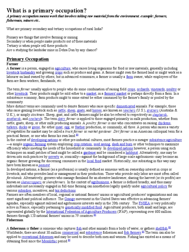 Occupation Primary Secondary and Tertiary Occupations | Download Free ...
