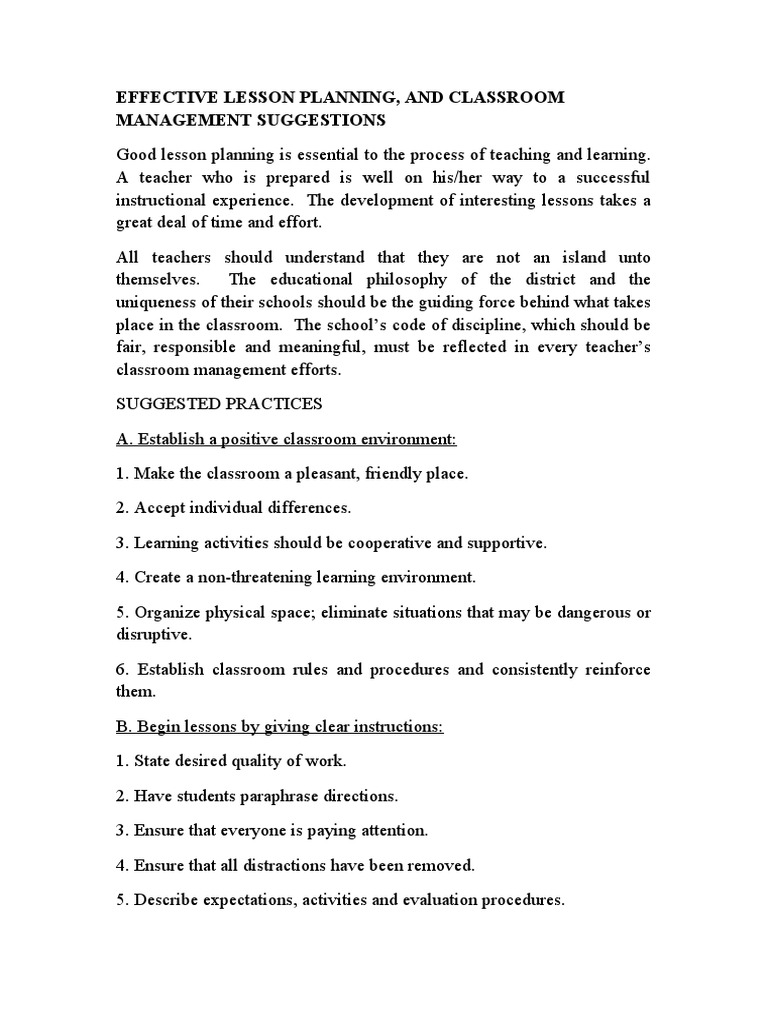 Effective Lesson Planning and Classroom Management Suggestions | PDF ...