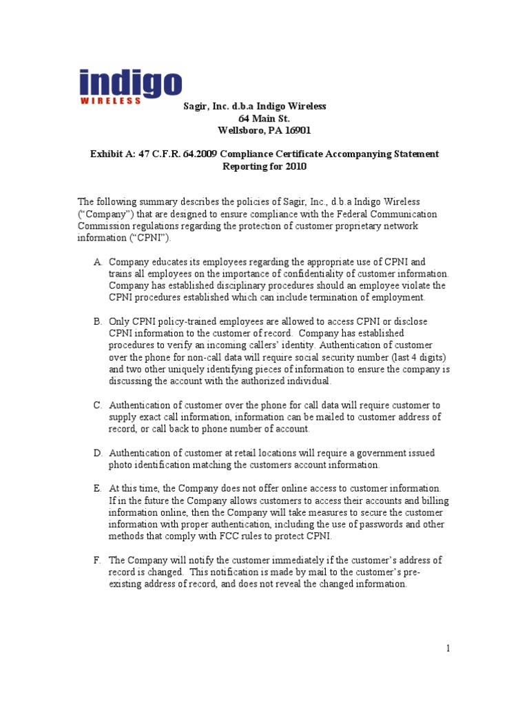 Indigo Wireless CPNI Compliance Report 2010 | PDF | Customer ...