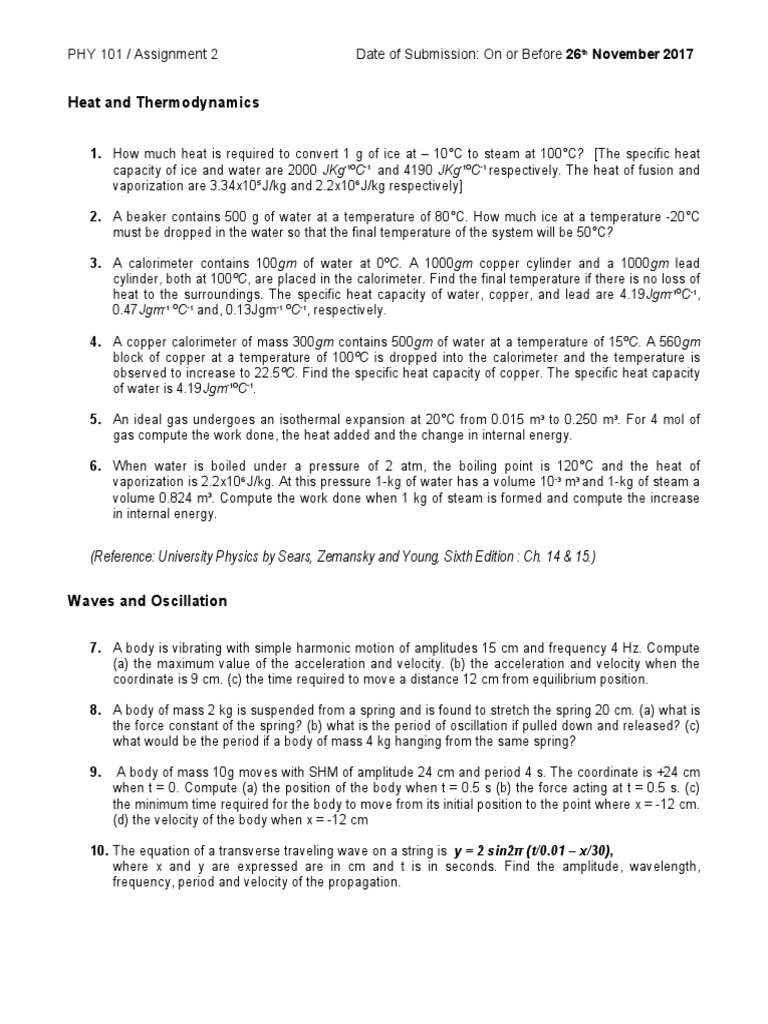 Heat and Thermodynamics: PHY 101 / Assignment 2 Date of Submission: On or Before 26 | PDF | Heat ...