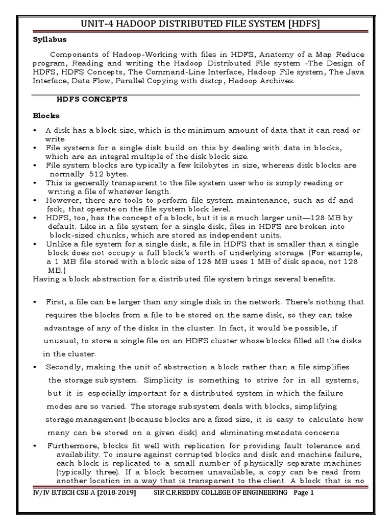 Unit-4 Hadoop Distributed File System (HDFS) : Syllabus | PDF | Apache Hadoop | File System