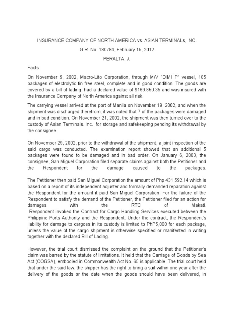 Insurance of North America vs. Asian Terminals (666 SCRA 226) | PDF ...