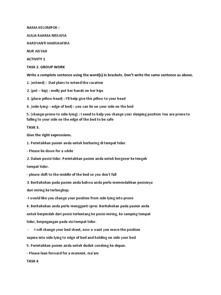 Activity 1 Task 2. Group Work Write A Complete Sentence Using The Word(s) in Brackets. Don't ...
