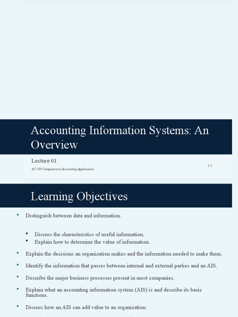 Lecture 1 And 2a Accounting Information Systems An Overview Pdf Enterprise Resource Planning