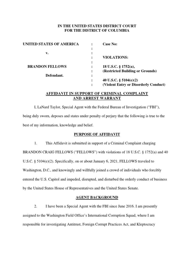 Brandon Fellows Capitol Riot Affidavit | PDF | Federal Bureau Of ...
