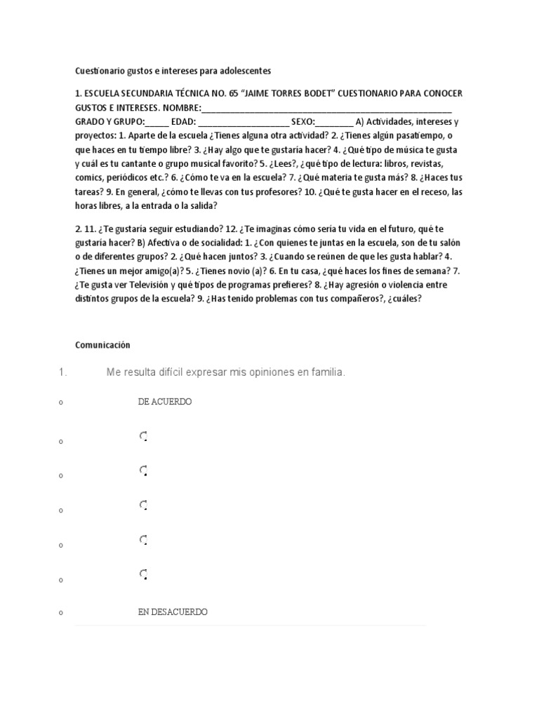 Cuestionario Gustos e Intereses para Adolescentes | PDF