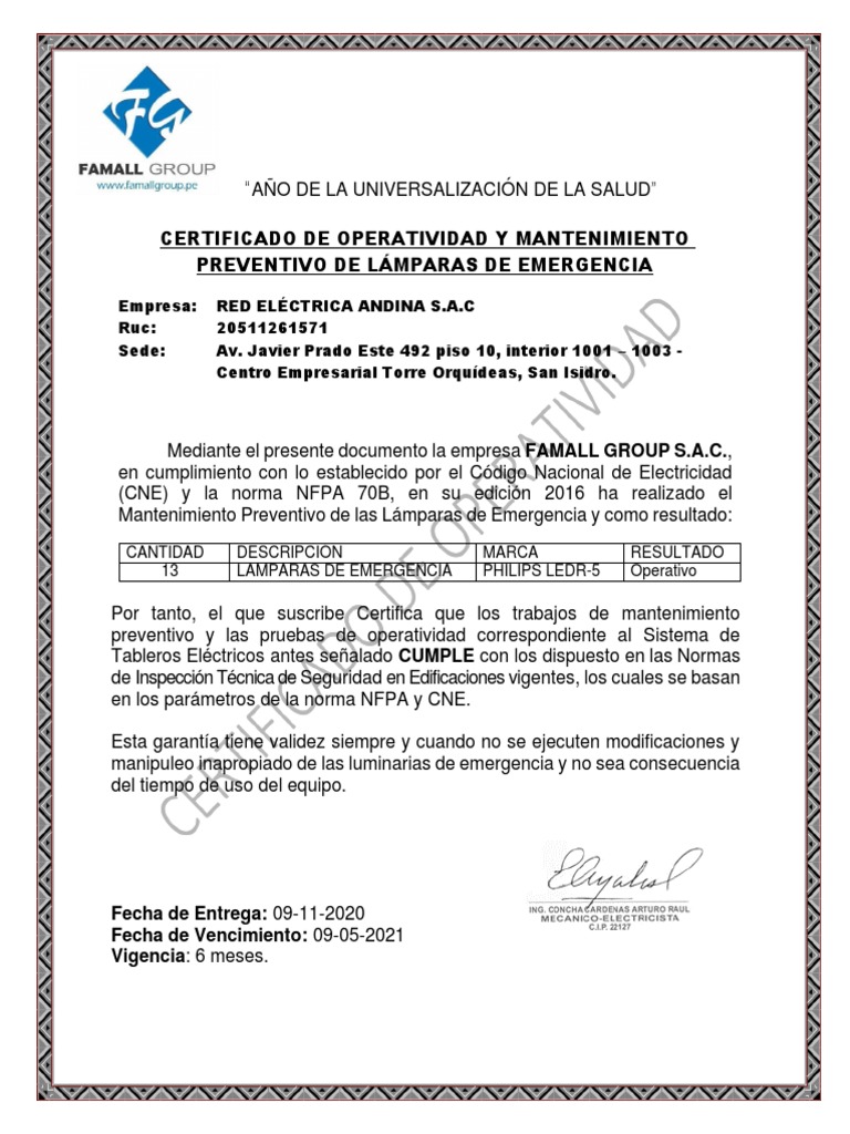 Certificado de Lámparas de Emergencia REA Lima 2020 | PDF
