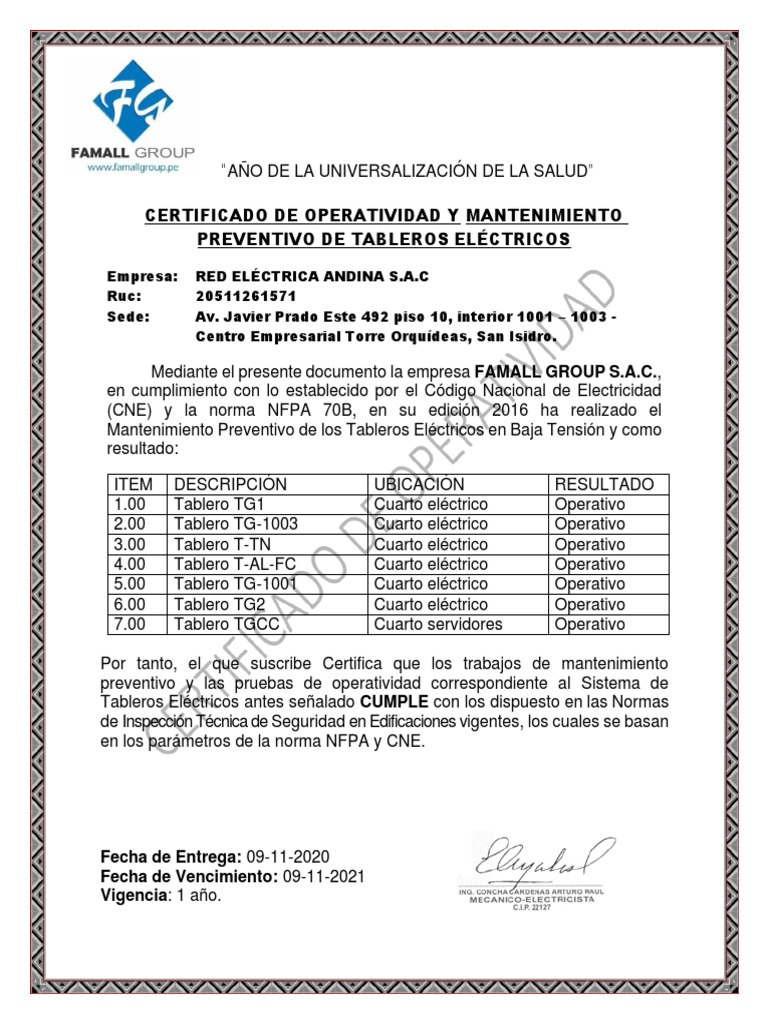 Certificado de Tableros Eléctricos REA Lima 2020 | PDF