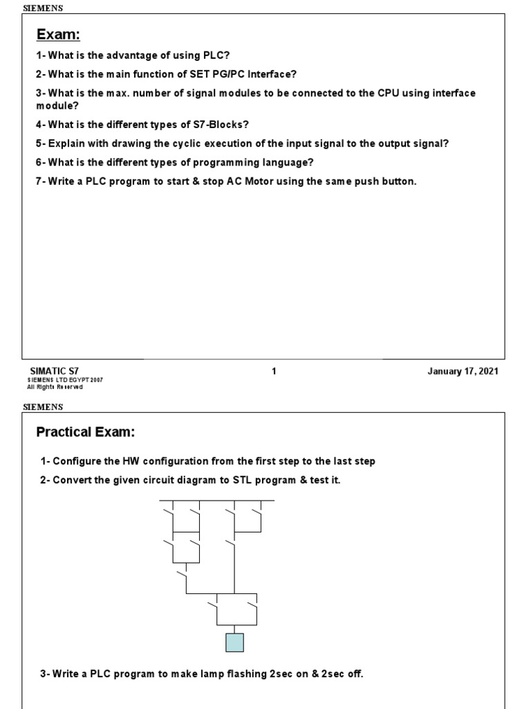 Siemens PLC Programming Exam Questions | PDF