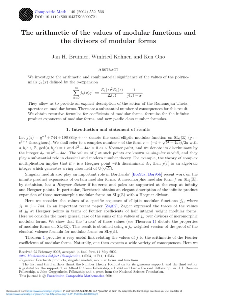 Arithmetic Of The Values Of Modular Functions And The Divisors Of Modular Forms Download Free 4343