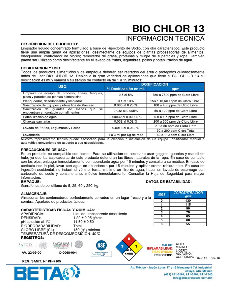 Bio Chlor 13 | PDF | Cloro | Blanqueador