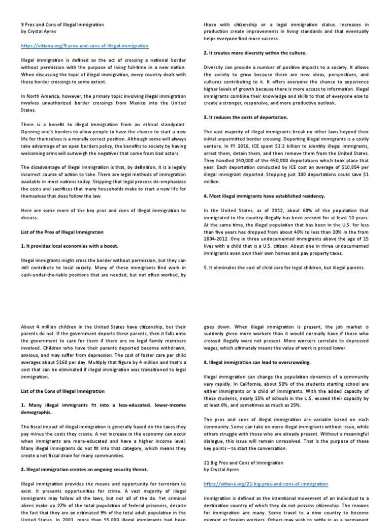 Pros and Cons of Illegal Immigration and Immigration | PDF | Illegal ...