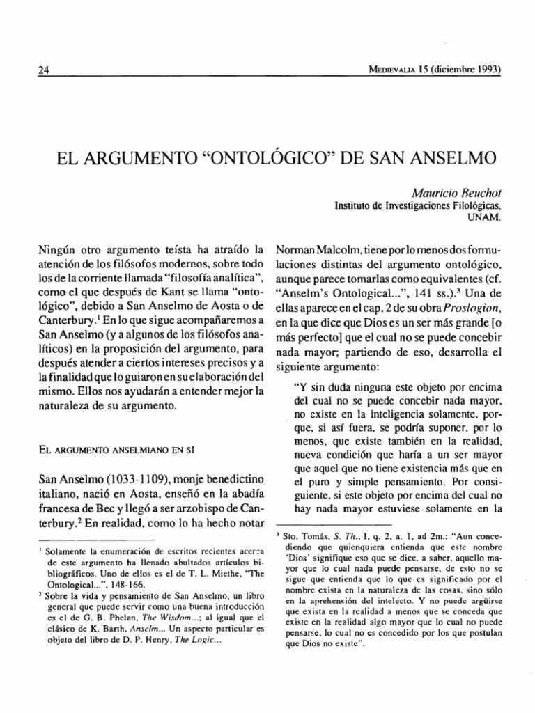 San Anselmo, El Argumento "Ontológico" de (Beuchot, 2016) | PDF