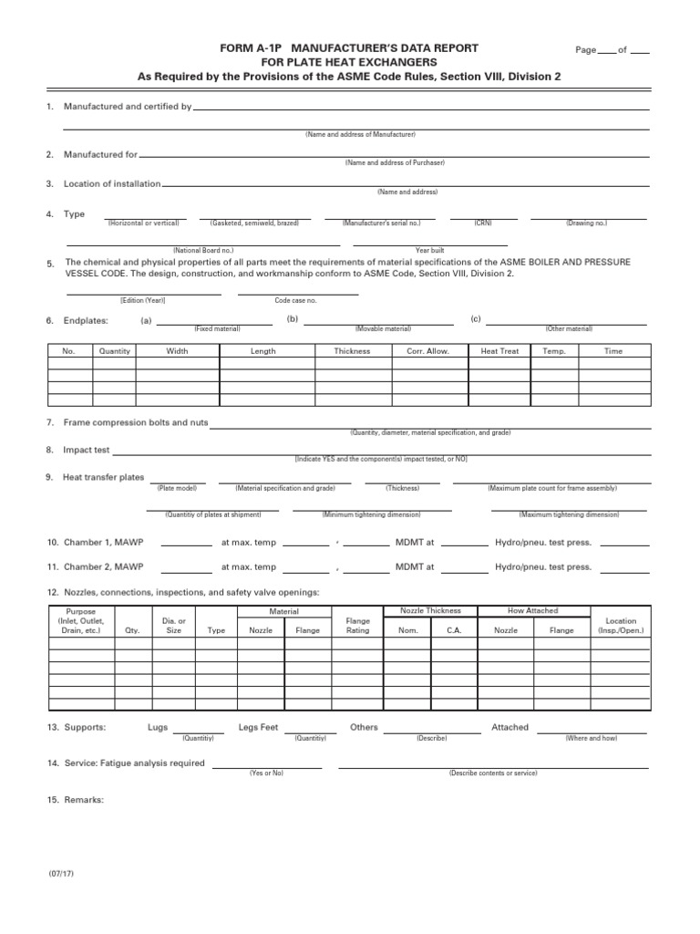 Form A-1P Manufacturer'S Data Report For Plate Heat Exchangers As ...