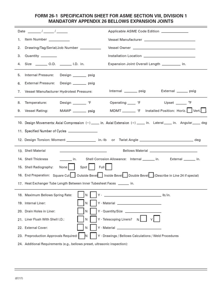 Form 26-1 Specification Sheet For Asme Section Viii, Division 1 ...