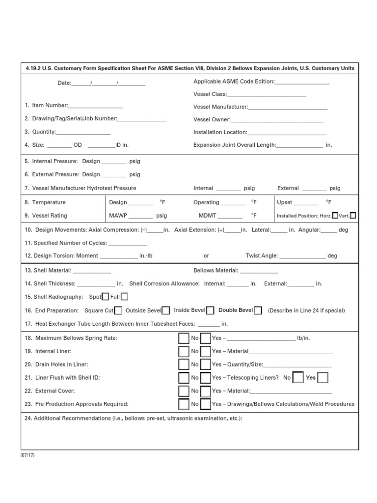 4.19.2 U.S. Customary Form Specification Sheet For ASME Section VIII ...