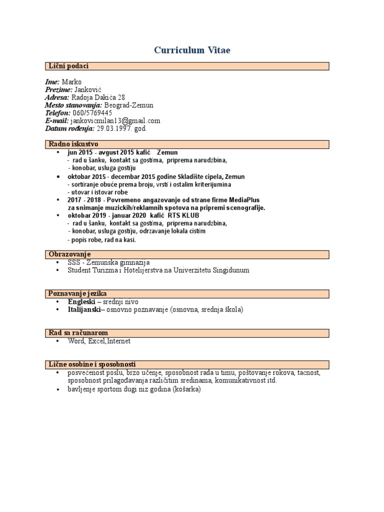 CV Marko Jankovic | PDF