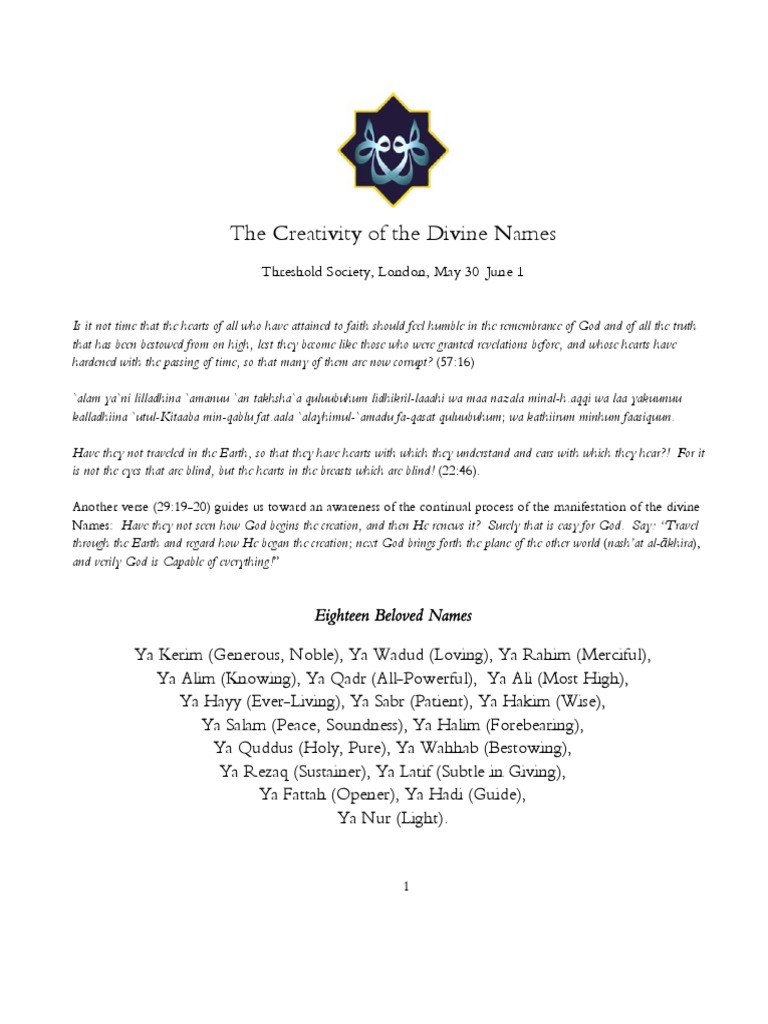 The Creativity of The Divine Names: Threshold Society, London, May 30 ...