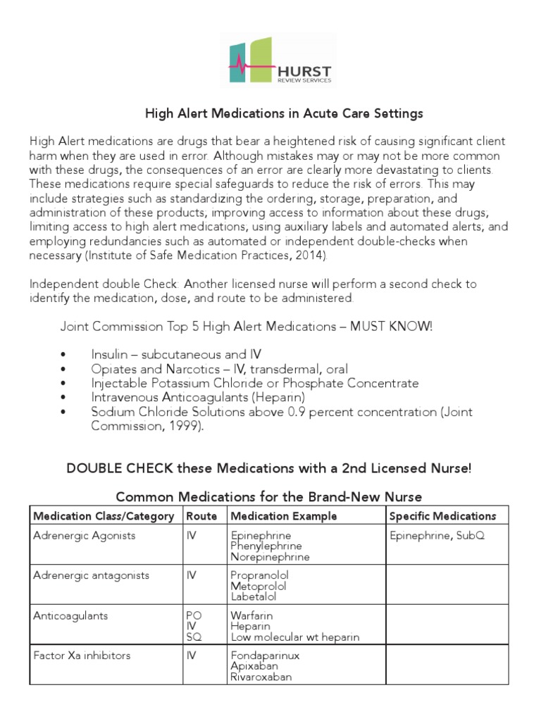 High Alert Medications in Acute Care Settings | PDF | Medical ...