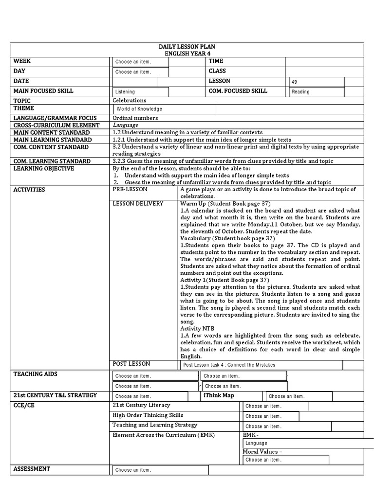 Unit 4 Celebrations | PDF | Lesson Plan | Educational Assessment