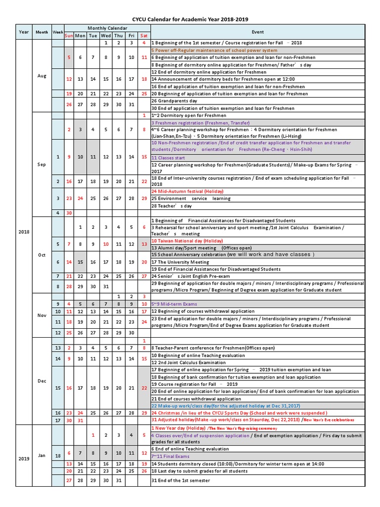 CYCU Academic Calendar for 2018-2019: A Monthly Breakdown of Key Dates ...