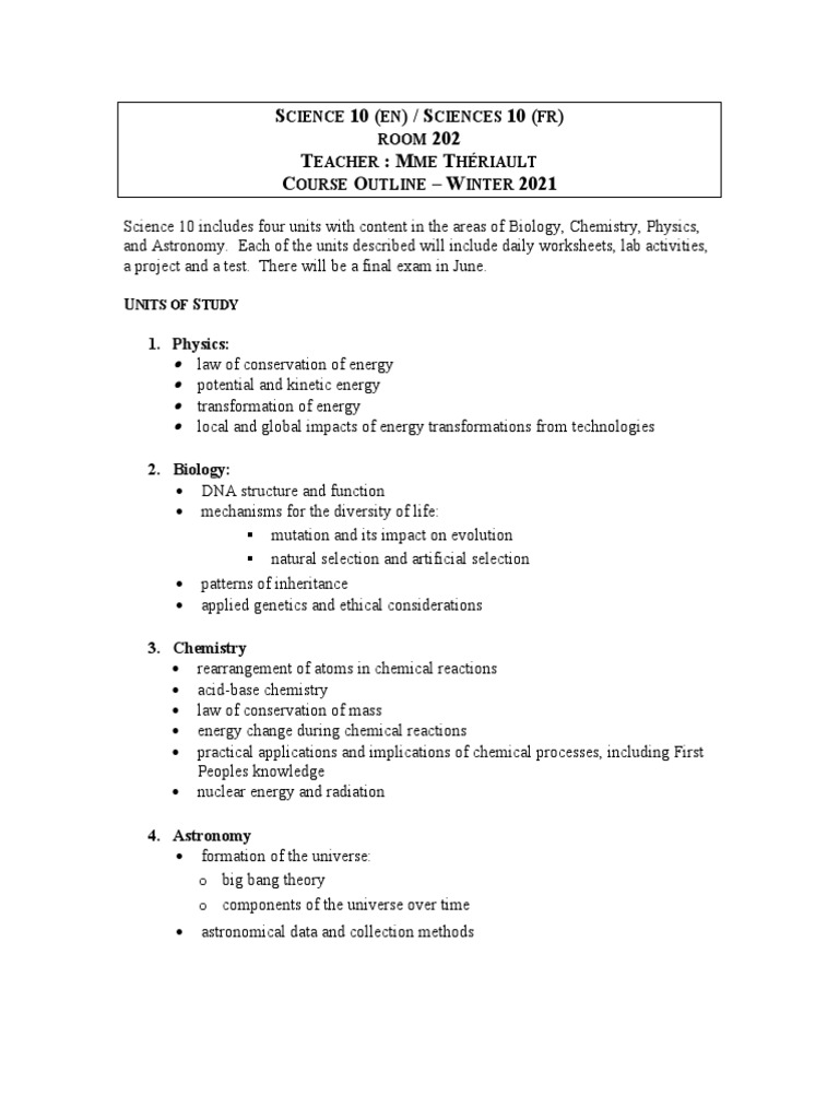 Science 10 Course Outline 2021 | PDF | Science | Astronomy