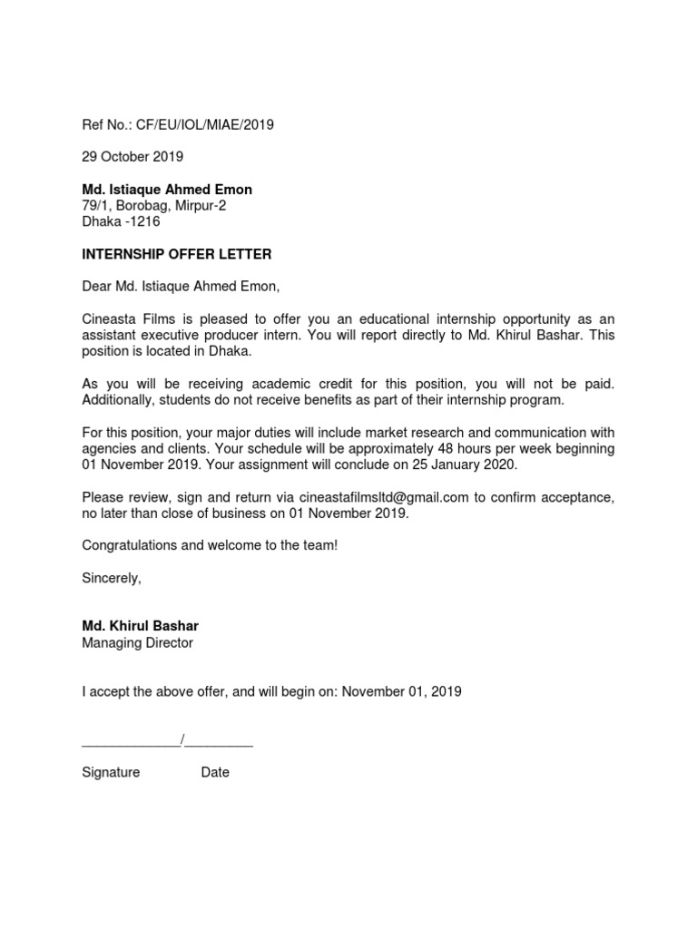 Internship Appointment Letter Format | PDF