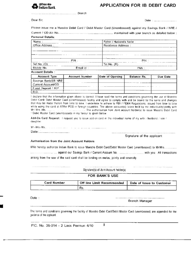 Indian Bank Application Form ATM-Debit Card | PDF