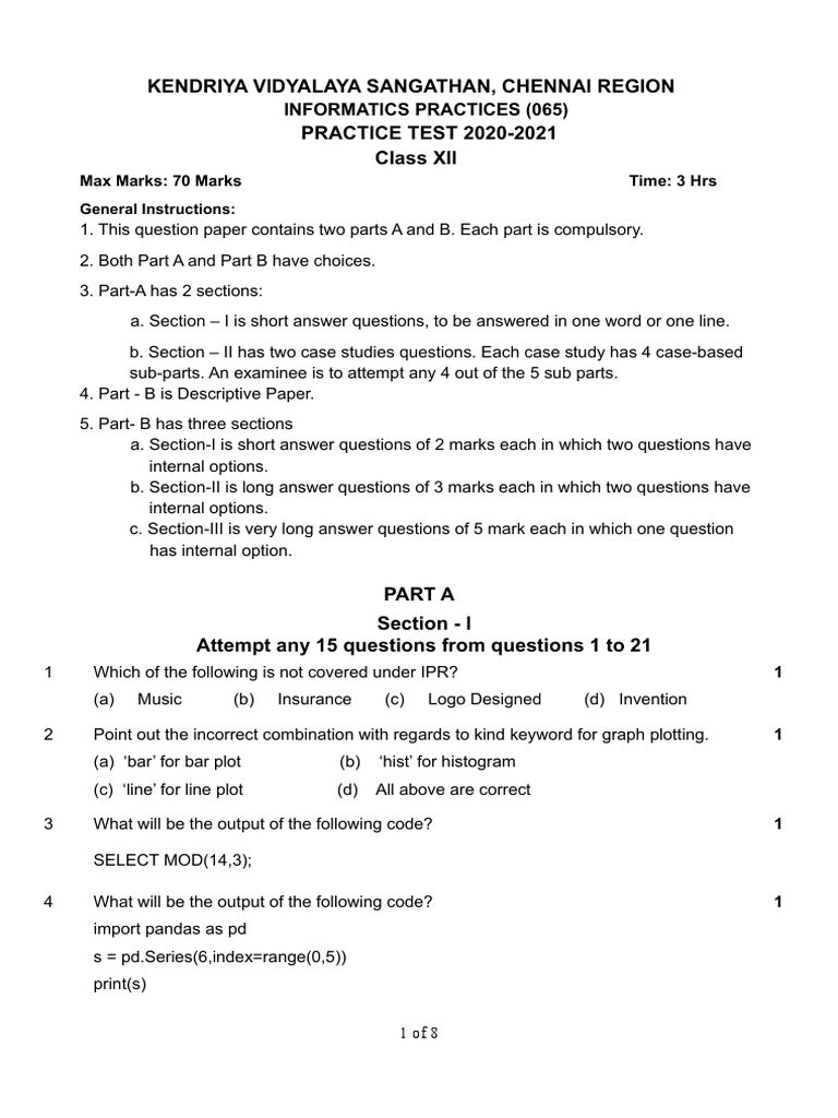 Kendriya Vidyalaya Sangathan, Chennai Region PRACTICE TEST 2020-2021 ...