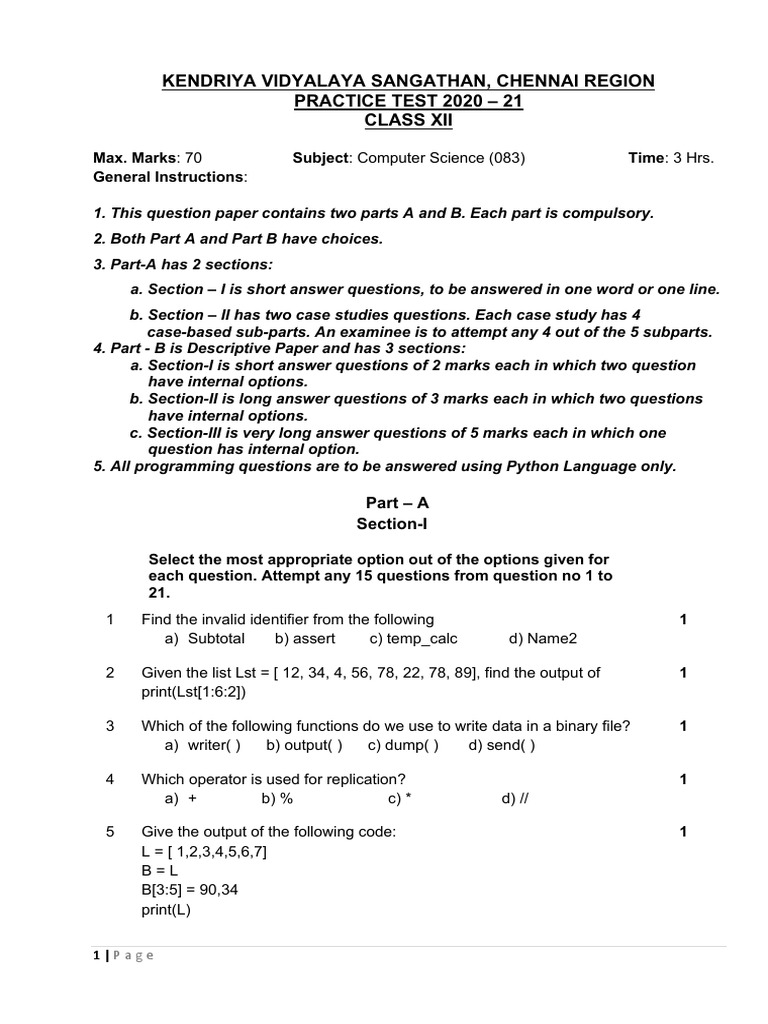 Kendriya Vidyalaya Sangathan, Chennai Region Practice Test 2020 - 21 ...