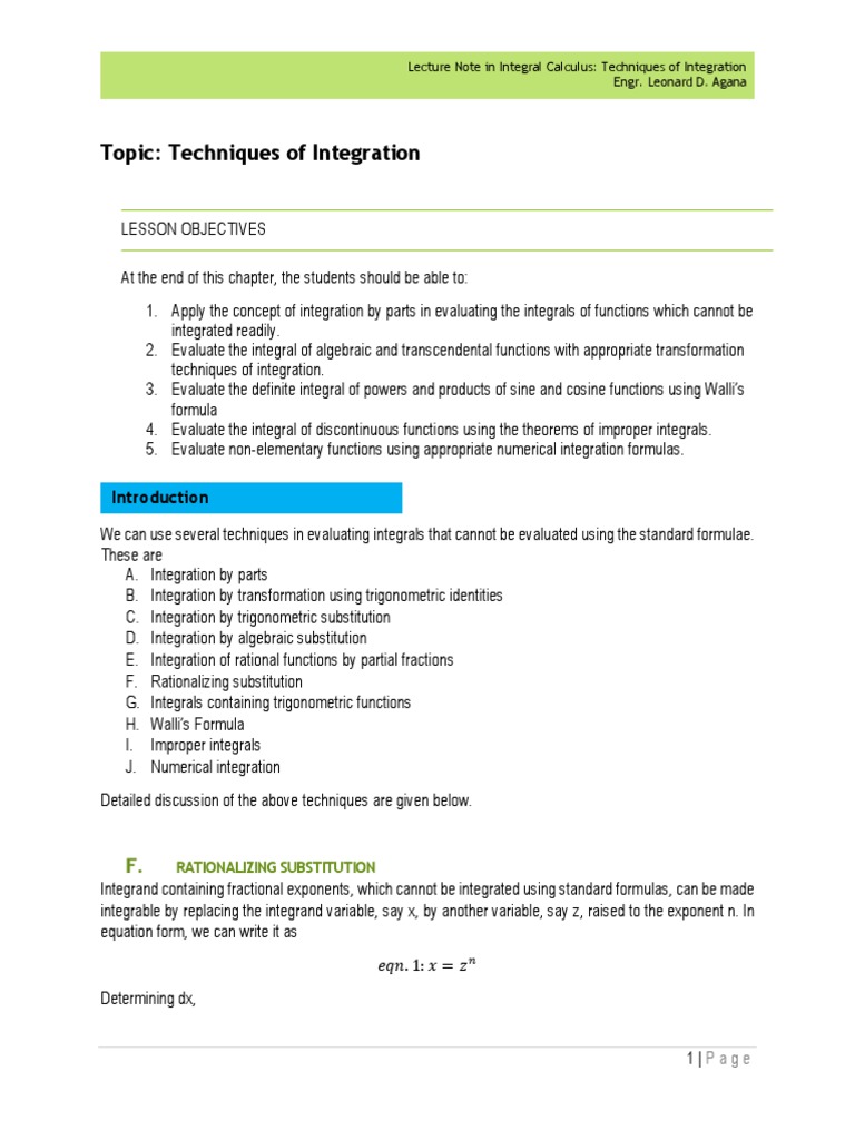 Che Rationalizing Substitution And Rational Trigonometric Integrals Pdf Trigonometric