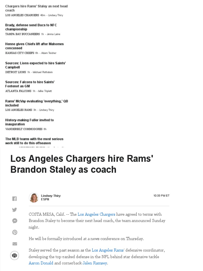 Chargers Hire Staley as Head Coach | PDF | Los Angeles Rams | National ...