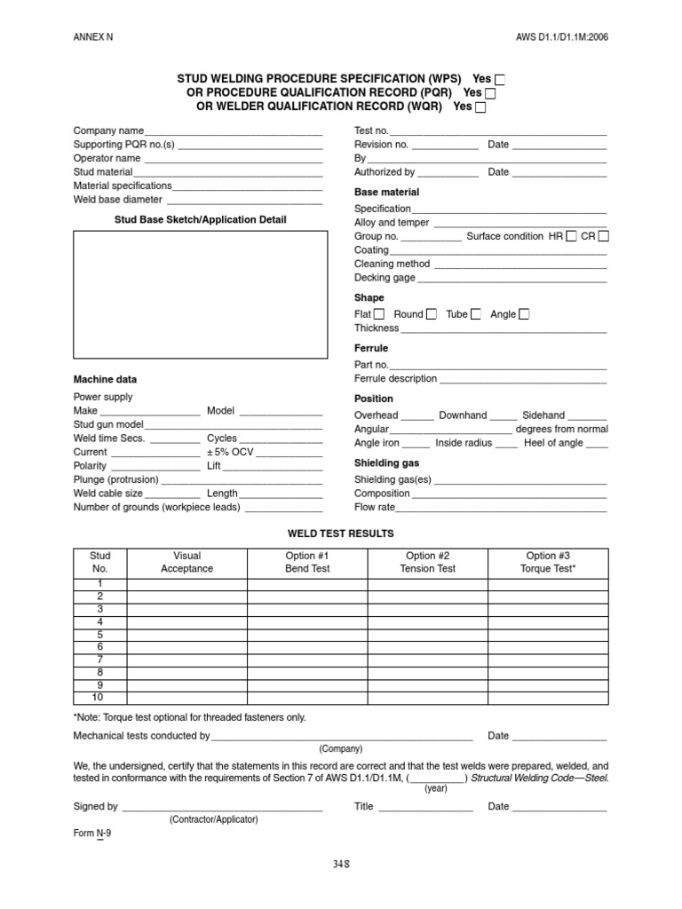 Aws Form E-9 Stud Welding Procedure Specification (WPS) or Procedure ...
