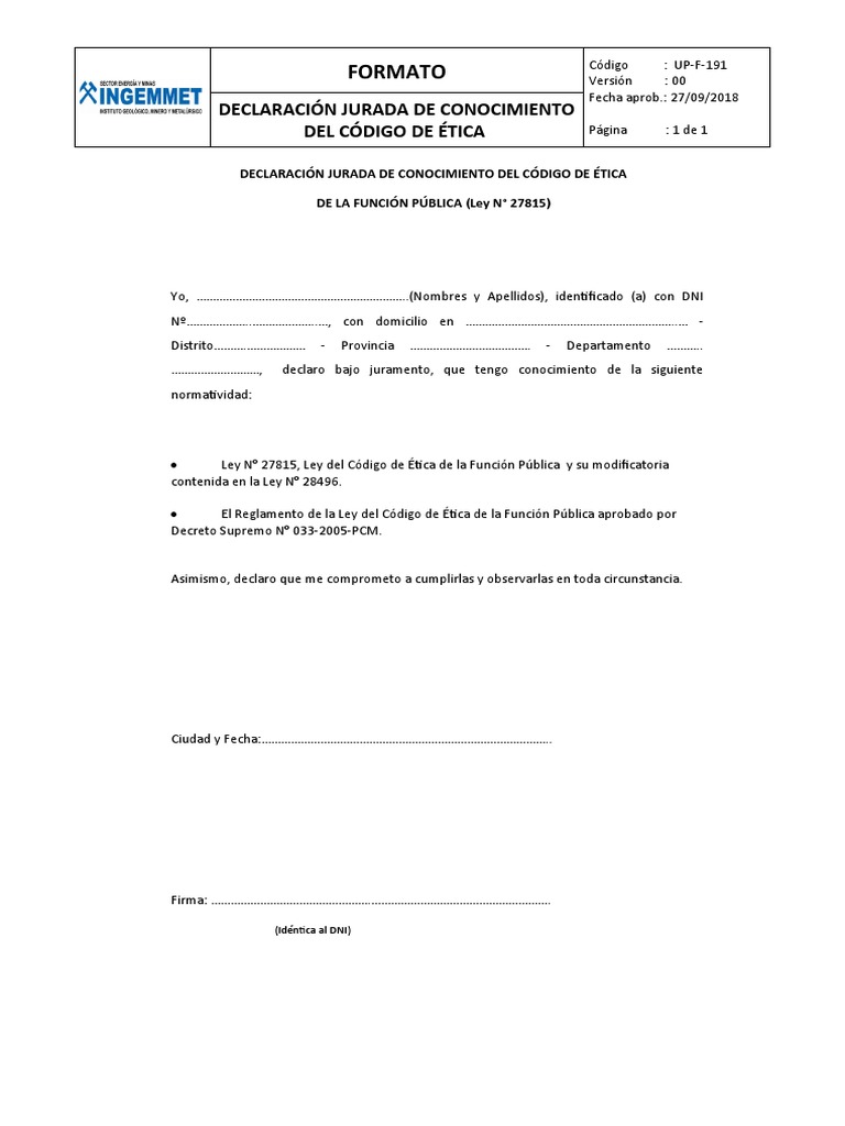 Modelo de Formato Declaración Jurada de Conocimiento Del Código de Ética | PDF