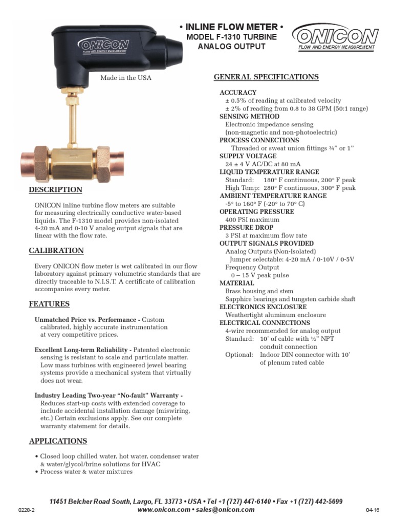 Inline Flow Meter - : Model F-1310 Turbine Analog Output | PDF | Flow ...