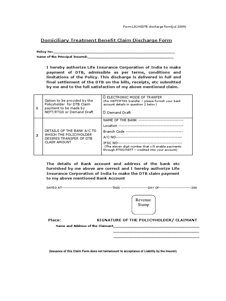 DTB Discharge Form Insurance | PDF | Insurance | Business Law