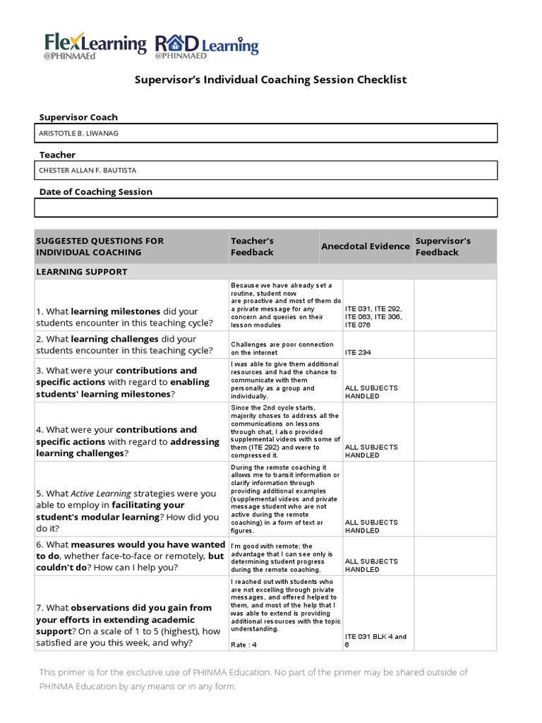 Supervisor's Individual Coaching Session Checklist | PDF | Learning ...