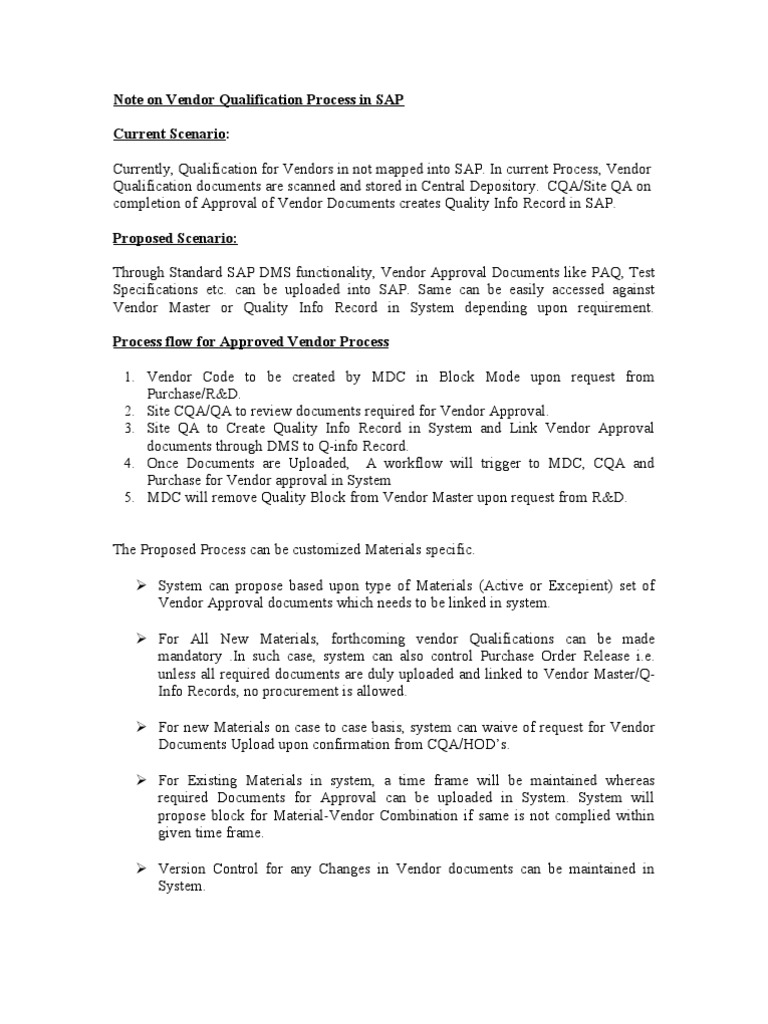 Note On Vendor Qualification Process in SAP | PDF