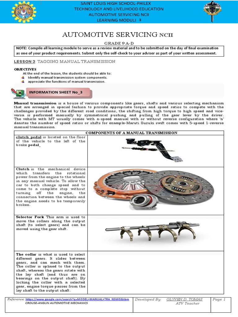 Automotive Servicing:: Tagging Manual Transmission | PDF | Manual ...