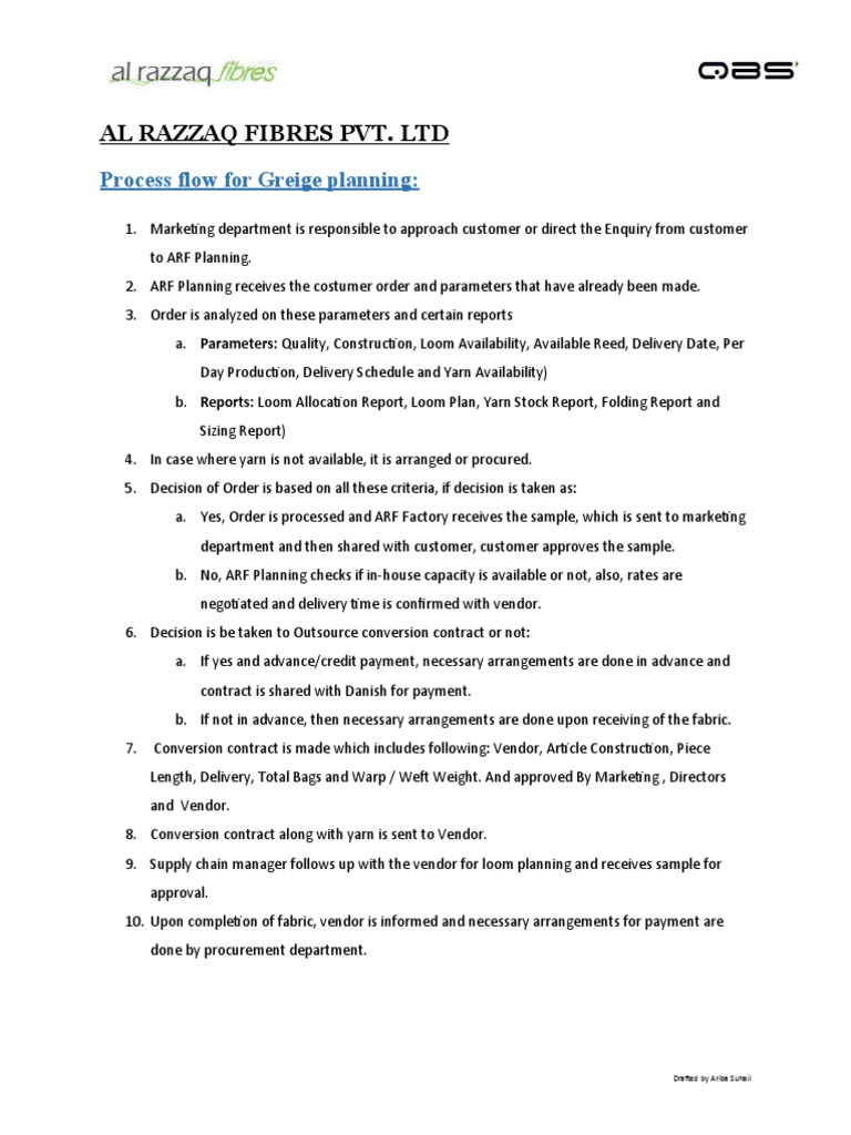 Process Flow For Greige Planning:: Al Razzaq Fibres Pvt. LTD | PDF ...