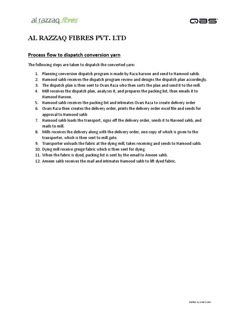 Al Razzaq Fibres Pvt. LTD: Process Flow To Dispatch Conversion Yarn ...