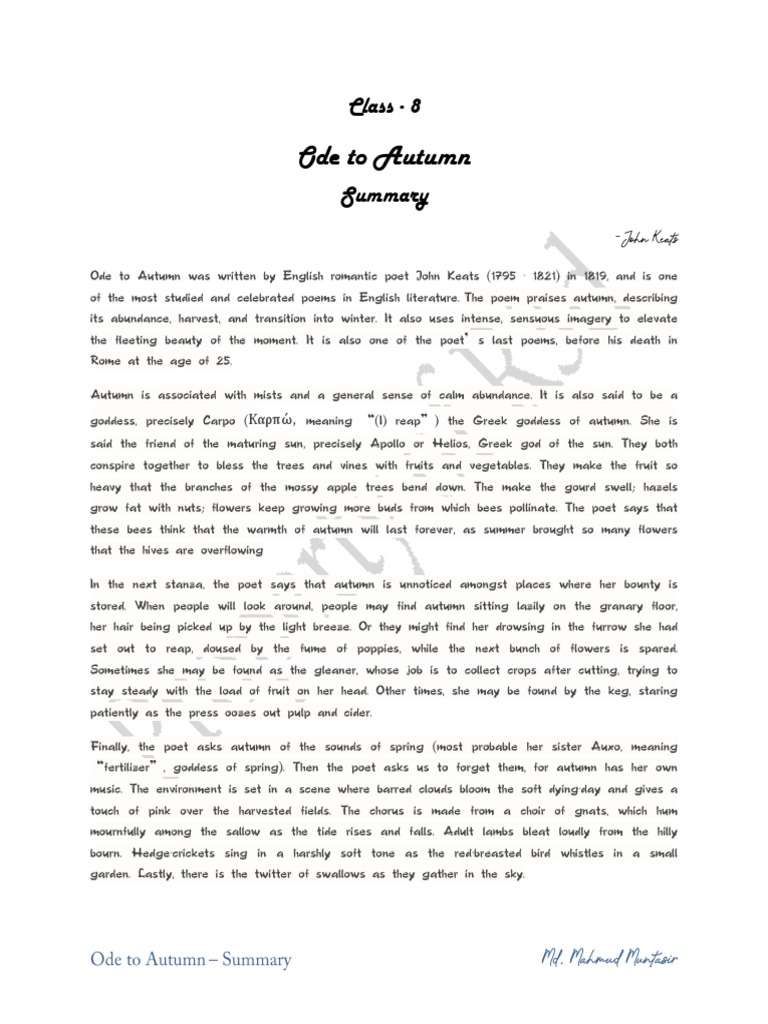 Ode to Autumn by John Keats Summary | PDF | Poetry | Agriculture