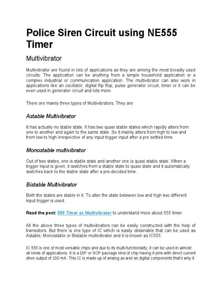 Police Siren Circuit Using 555 Timer Pdf Computer Science