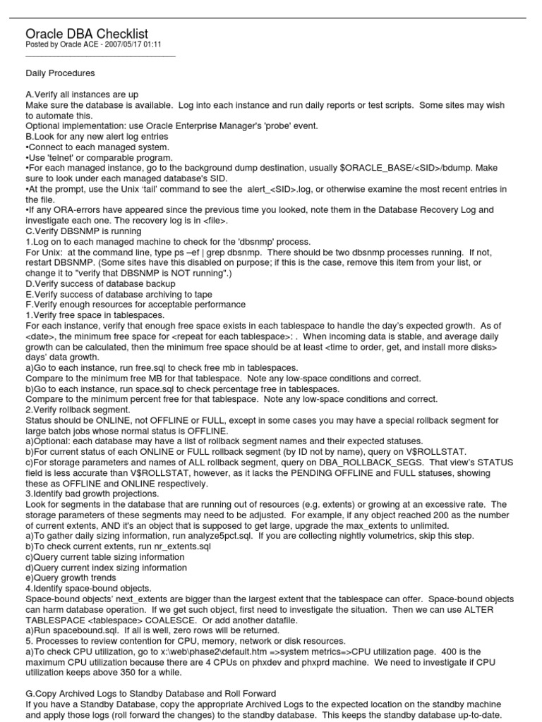 Oracle Dba Checklist Pdf Database Index Databases