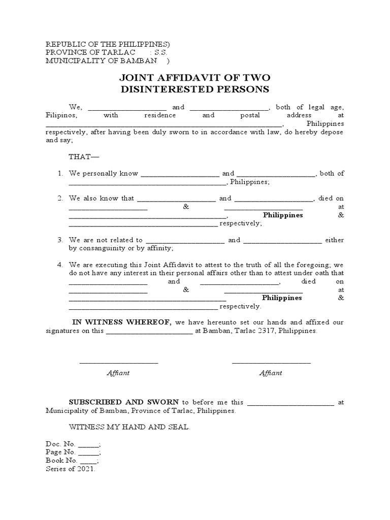 Joint Affidavit of Two Disinterested Persons: Philippines & | PDF ...