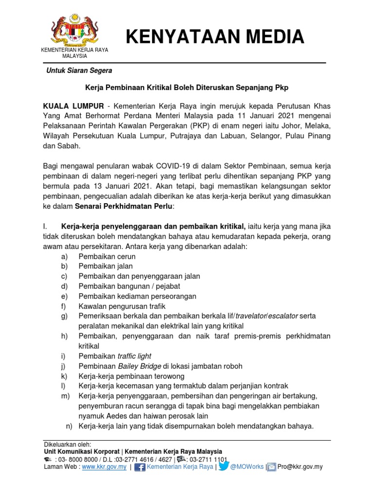 KENYATAAN MEDIA - KERJA PEMBINAAN KRITIKAL BOLEH DITERUSKAN SEPANJANG PKP-v3 | PDF