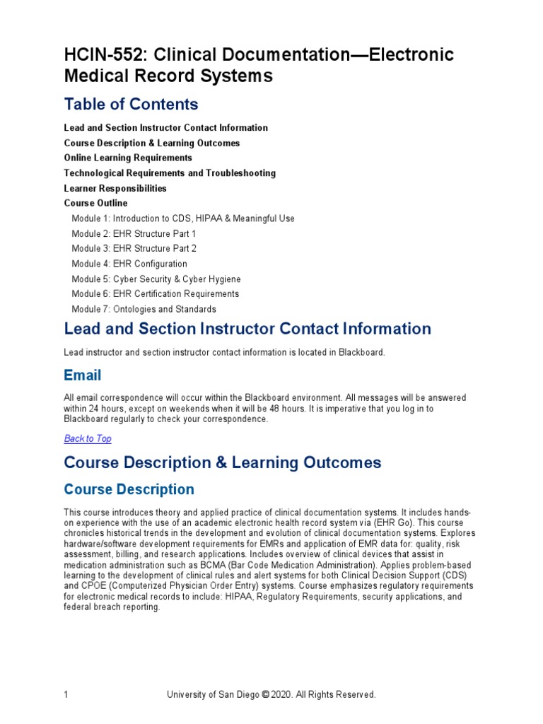 HCIN-552: Clinical Documentation-Electronic Medical Record Systems ...