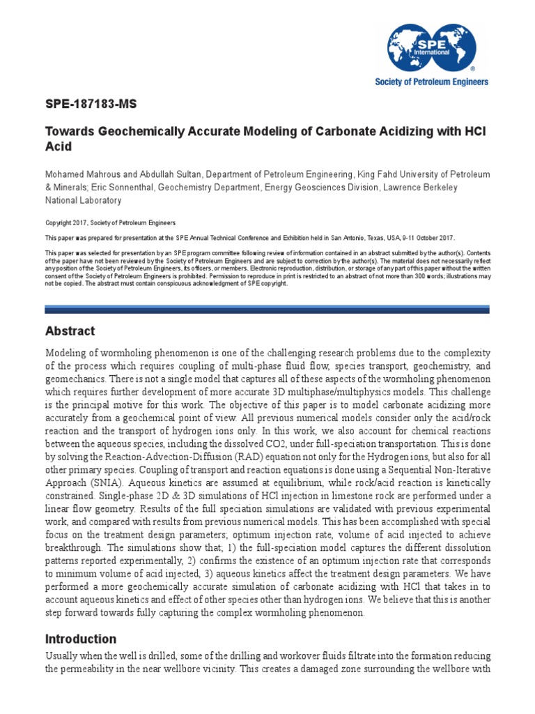 Spe-187183-Ms Towards Geochemically Accurate Modeling of Carbonate Acidizing With HCL Acid ...